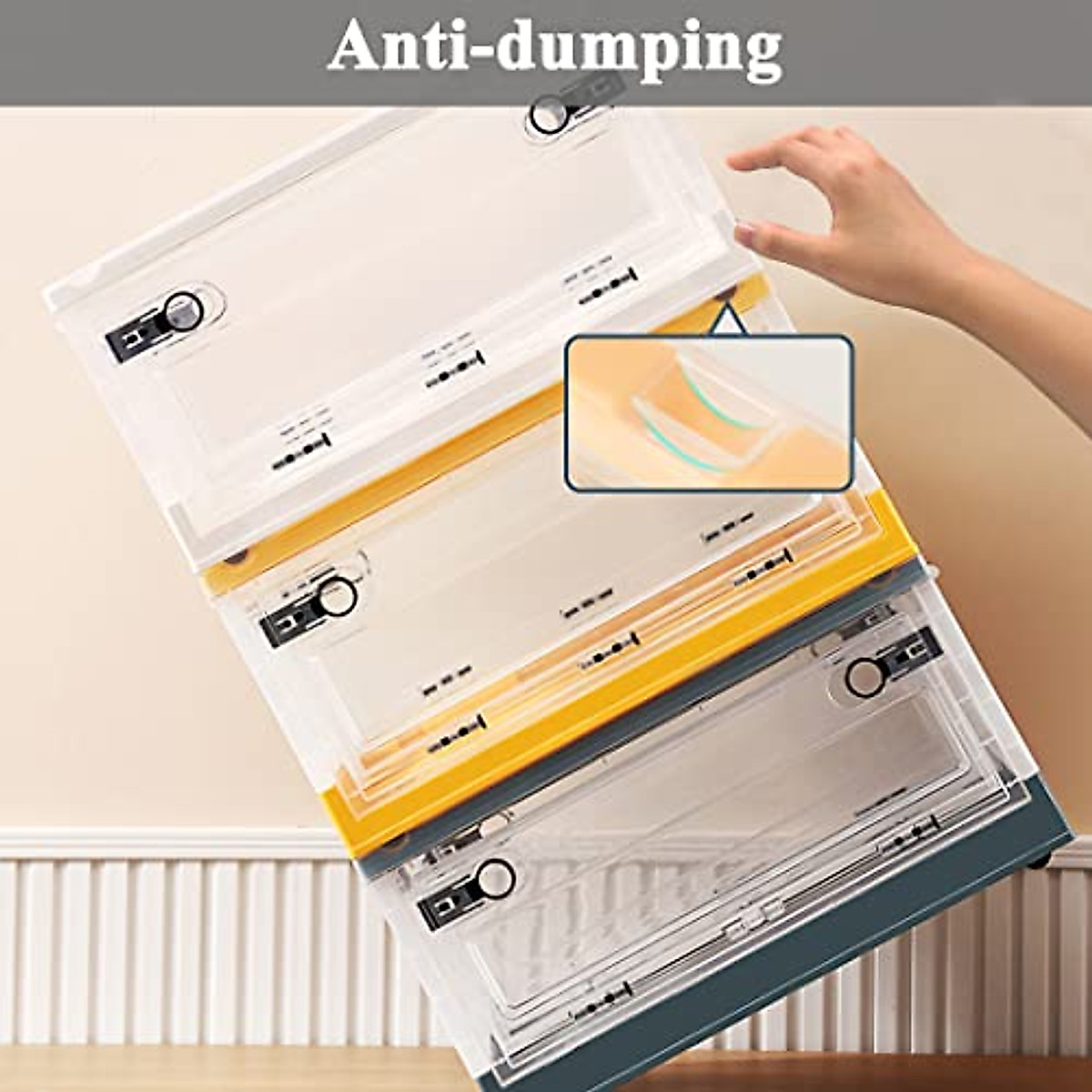 Yimeka Storage Box with Lid with Latch, Clear Stackable Foldable Storage Box on Wheels, Plastic Storage Box Container with Double Door and Handle for Home, Office, Bedroom, Living Room