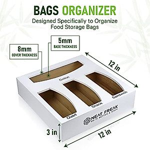 Neat Freak Baggie Organizer Dispenser – 4-in-1 Ziploc Bag Storage Organizer for Drawer – Bamboo Baggie Organizer For Wall– Ziploc Bag Organizer for Quart, Snack, Gallon, Sandwich - White Color.