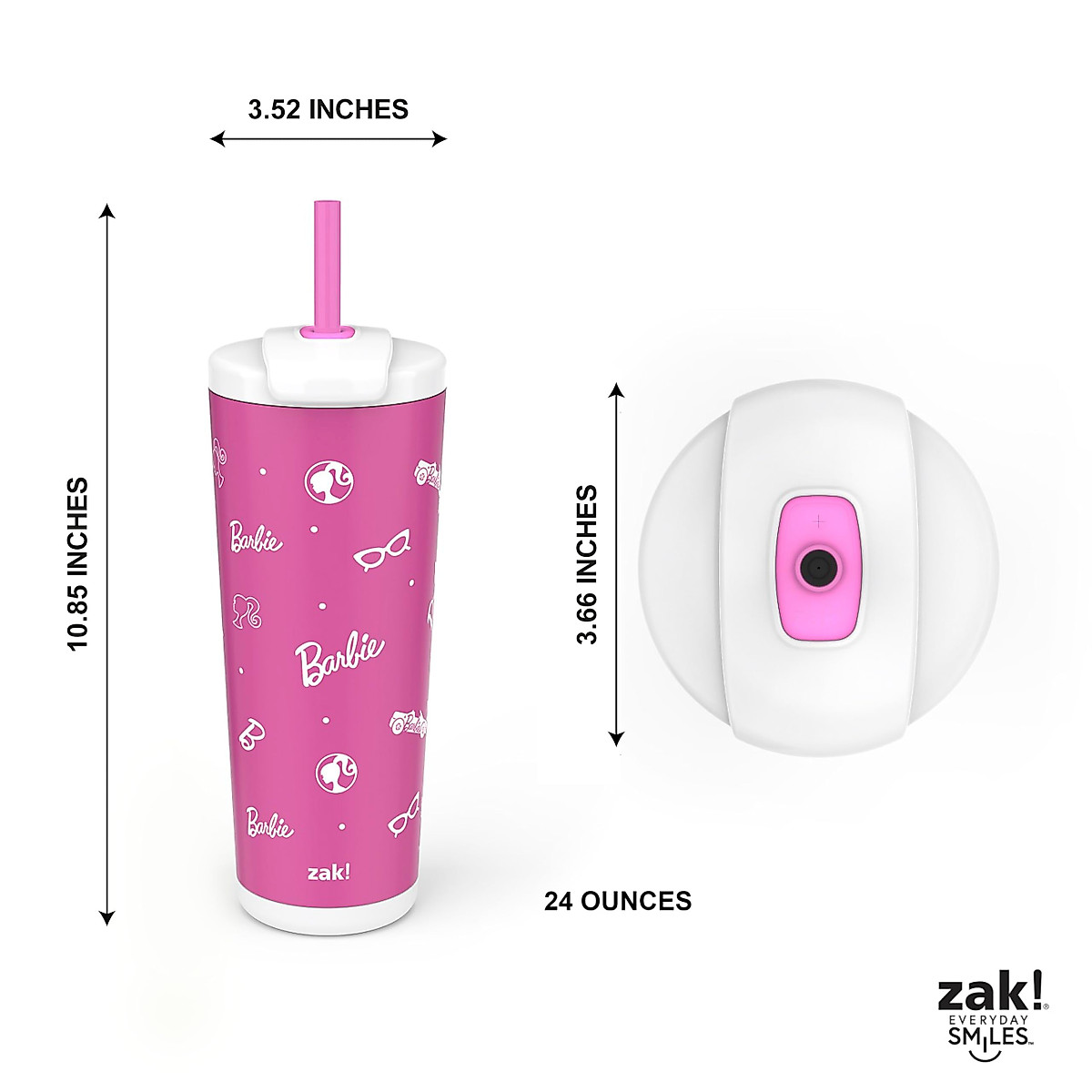 Zak Designs Barbie Beacon Straw Tumbler for Travel or At Home, 24oz Stainless Steel with Vacuum Insulation and Non-Skid Base (Barbie)