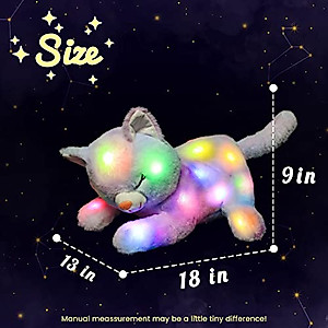 Hopearl LED Plush Cat Light up Stuffed Mommy Cat with 3 Baby Kittens in her Tummy Stuffed Animal Playset Night Lights Glow in The Dark for Mom Kids Toddler Girls, Rainbow, 18''