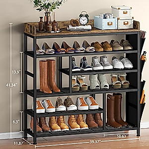 EnHomee Shoe Rack for Entryway, Adjustable 6-Tire Metal Shoe Shelves for 20-24 Pairs,All Metal Structure Shoe Storage Organizer for Entryway, Wood Top, Side Pockets, Shoe Shelf, Rustic Brown and Black