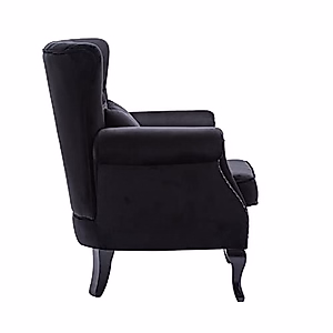 Kmax Velvet Club Chair Tufted Throne Chair Mid Century Accent Wingback Chair Padded Seating Wood Legs Home Club Bedroom Living Room, Black