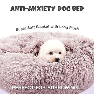 Himax Dog Beds for Small Dogs, Donut Dogs Beds with Blanket Attached, Calming Dog Bed Washable (20"/26"/35") Beige