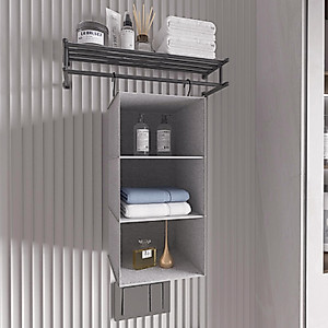 DonYeco Hanging Closet Organizer, Easy Mount Collapsible 3-Shelf Camper Closet Wardrobe Hanging Storage Shelves, Folded Clothes Towels Handbag Shoes Accessories Storage, Linen Cloth, Gray