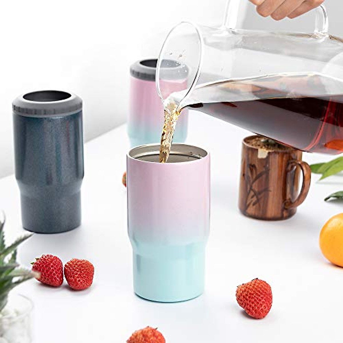 4 in 1 Can Cooler Water Bottle, 12oz Stainless Steel Beer Bottle with Straw Fits Slim Skinny Bottle & Can, Non-Slip | Pink