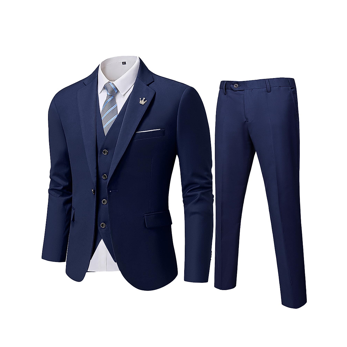 MY'S Men's 3 Piece Slim Fit Suit Set, One Button Solid Jacket Vest Pants with Tie Deep Blue X-Small