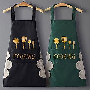 DILLMAN Women Kitchen Apron with Hand Wipe Pockets，Big Pocket,Hand-wiping, Waterproof for Cooking Baking (BLACK)