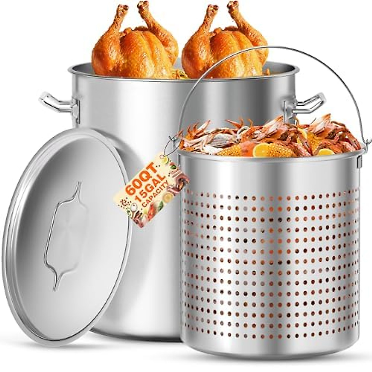 PYY Turkey Fryer with Basket & Lid - 60qt Boil Pot Stainless Steel Crab Lobster Crayfish Shrimp Stock Pot Boiler Deep, Fried Cooker for Commercial Outdoors or Gatherings