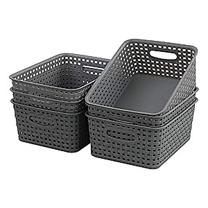 Readsky Small Woven Plastic Storage Baskets, Plastic Baskets for Shelves, Gray, Pack of 6