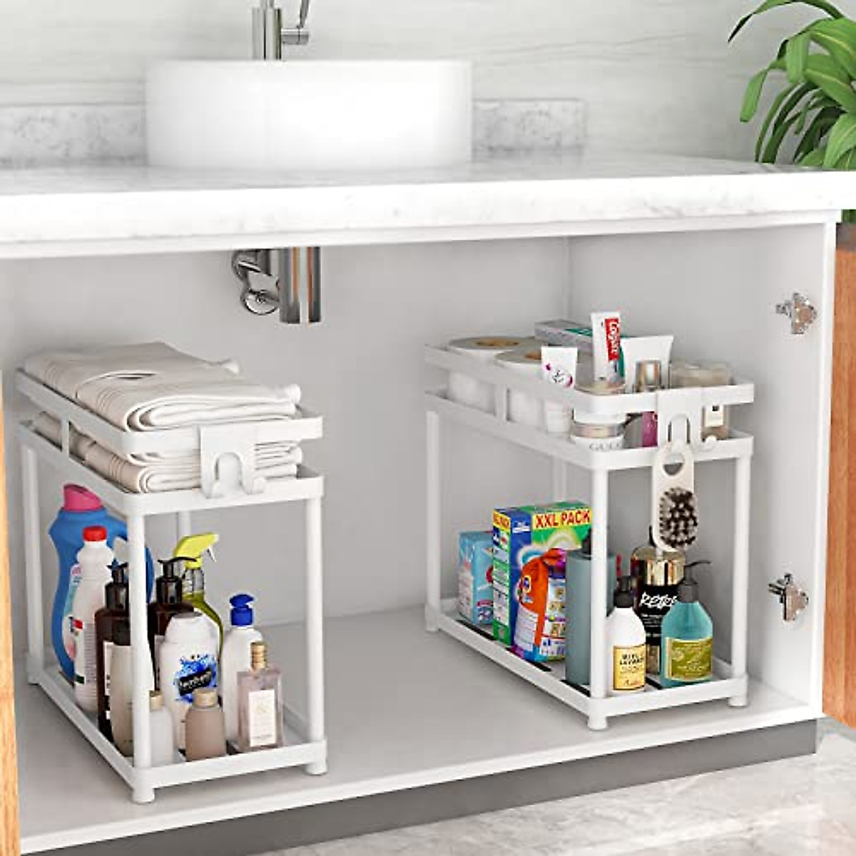 FLE Under Sink Organizer, 2 Tier Metal Under Bathroom Sink Storage Baskets with Hooks, Self Adhesive White Under Sink Shelf Organizer for Bathroom Kitchen