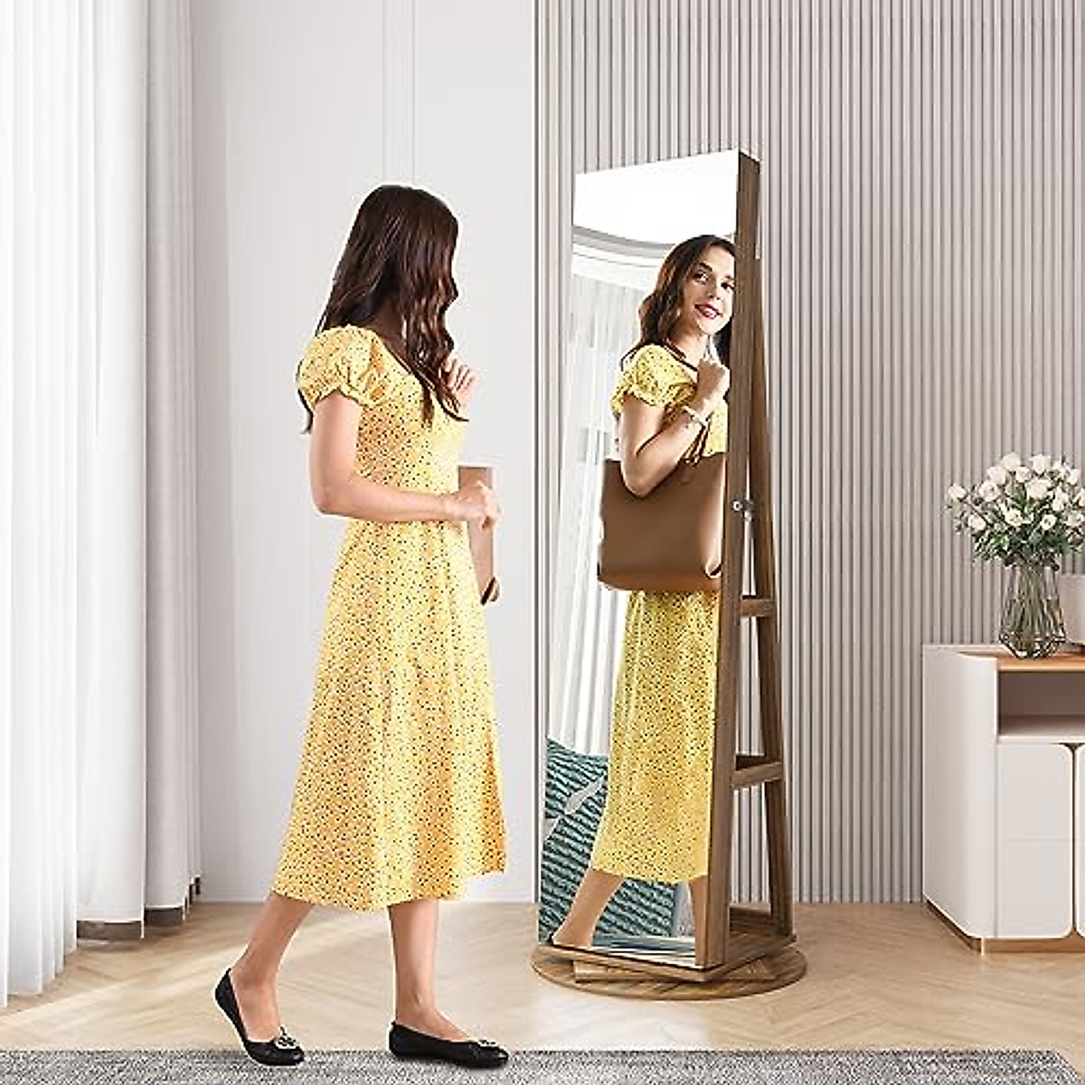 HNEBC LED Light Jewelry Organizer Mirror 360°Rotating, Armoire with Door Mirror, Full Length Cabinet Storage, Large Boxes & Organizers（A Light Brown）