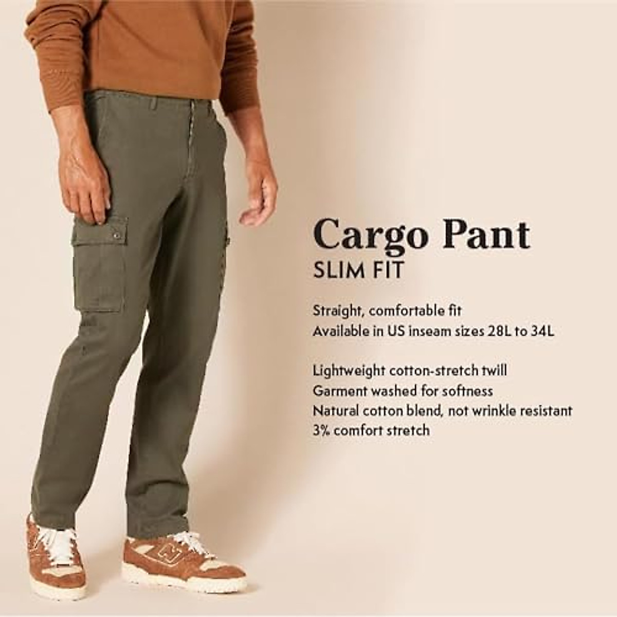 Amazon Essentials Men's Slim-Fit Stretch Cargo Pant (Available in Big & Tall), Black, 34W x 30L
