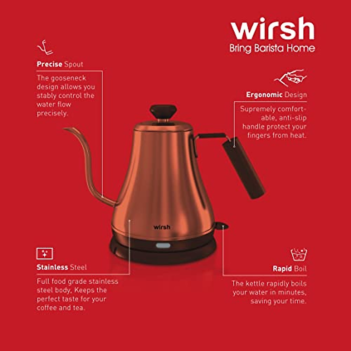 Wirsh Gooseneck Kettle, Electric Gooseneck Kettle with Auto Shut Off and Overheat Protection, Pour Over Coffee and Tea Kettle ,100% Stainless Steel, Leak-Proof Design, 0.8L