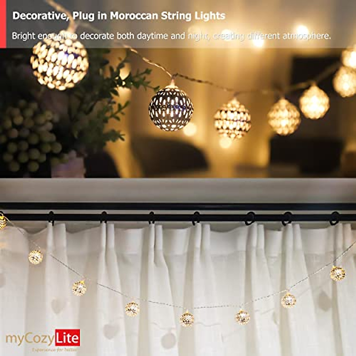 Moroccan String Lights Plug in 20 LED Globe Lights Silver Metal Balls for Wedding Party, Birthday, Christmas, Home Decor, Indoor Outdoor, 8 Functions, Timer, Unique Pattern, Connectable, 10 ft