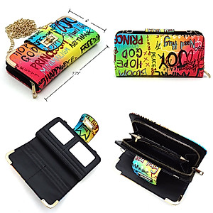 Multicolor Graffiti Printed Cell Phone Purse Wallet Smartphone Crossbody Wallet Travel Multifunction Phone Case Wristlet Clutch Wallet (#B-Tan/Yellow)