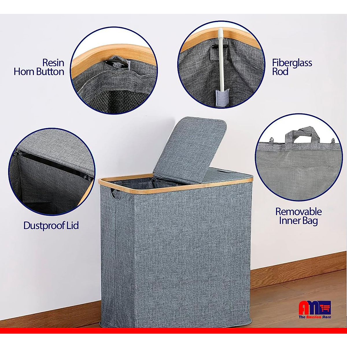 AM The America Store - Double Laundry Hamper with Lid, Divided Laundry Hamper with Removable Bags, 2 Section Dirty Clothes Basket with Handles for Bathroom, Bedroom & Laundry Room, 150L (GREY)