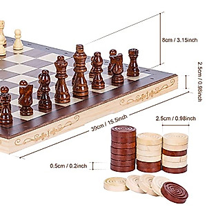 Syrace Chess & Draughts Set Checkers Board Games, Wooden Foldable Hand Crafted Portable Travel Chess Board Game Sets with Game Pieces & Storage Slots Large Size 15.74"