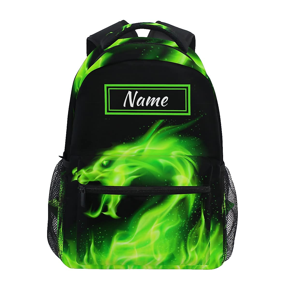 Custom Green Fire Dragon School Backpack Personalized Your Name Text Bookbag for Boys Girls Teens Casual Travel Bag Computer Laptop Daypack