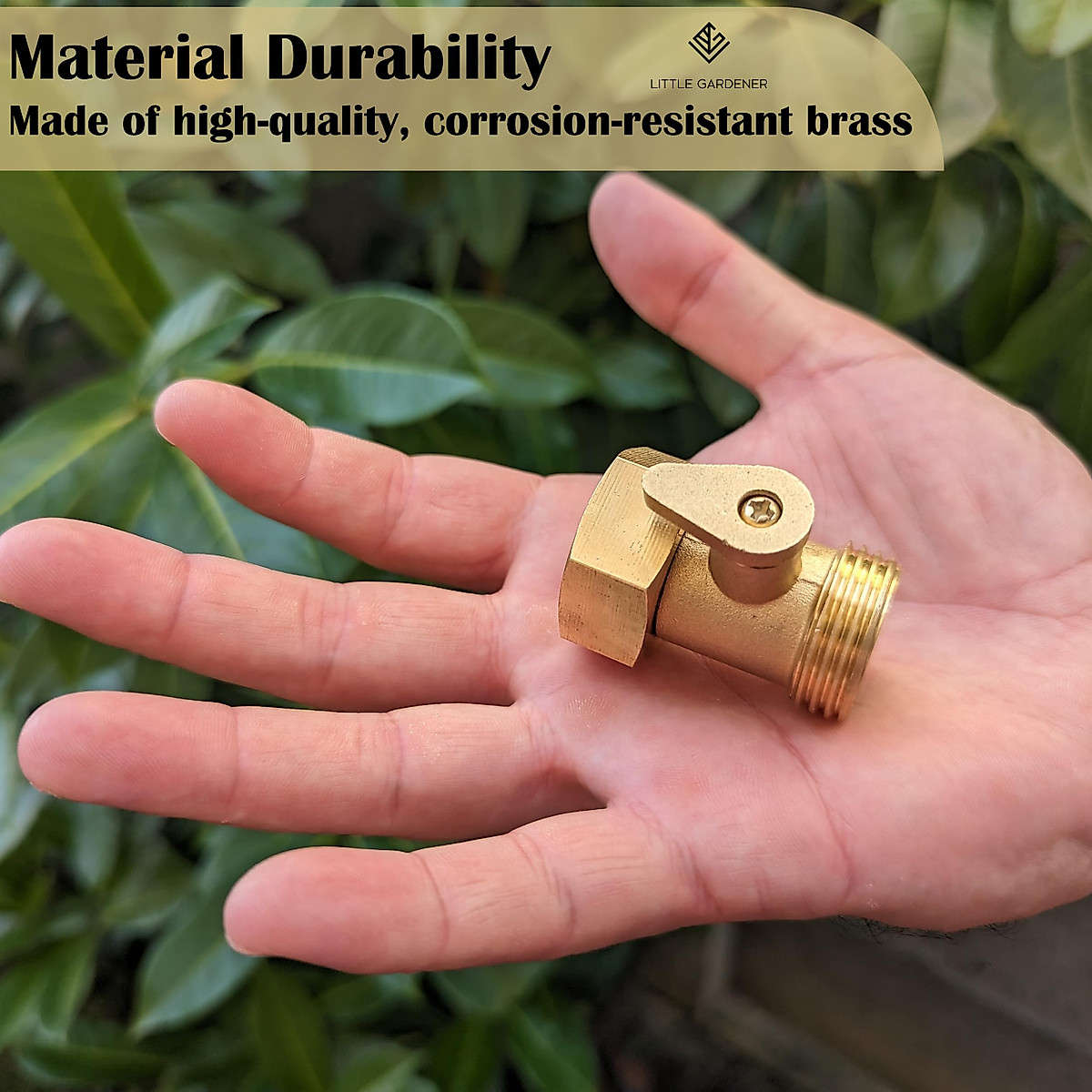 Little Gardener Hose Shut Off Valve - GHT 3/4 Inch Brass Garden Hose Valve - Heavy Duty Water Fittings to Connect to Outside Hose Bib - Shutoff Connector and Adapter for Outdoor Faucet Use On Off