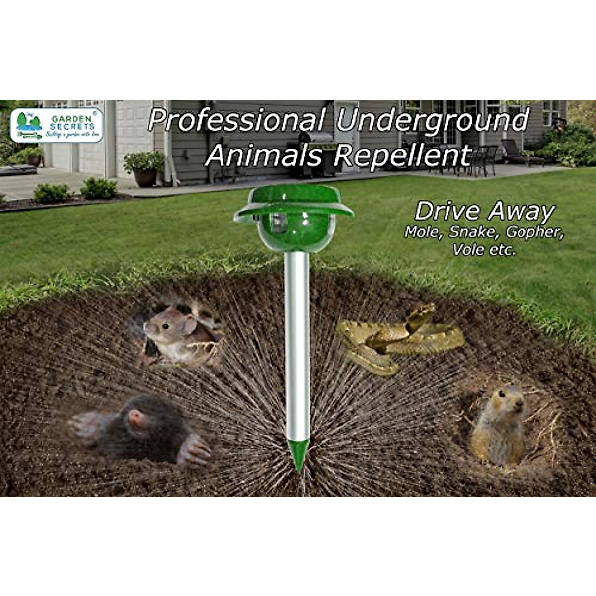 GARDEN SECRETS (2 Pack) Professional Solar Mole & Snake Repellent. Gopher Vole Snake Scorpion etc Deterrent. Keep Underground Creatures Away from Your Property Within 2-4 Weeks. Year Full Warranty!
