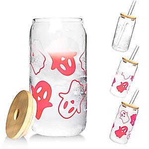 ANOITON Halloween Coffee Cups, Color Changing Ghost Cups Halloween Decorations Indoor Halloween Cups Pink Ghost Tumbler Halloween Party Supplies Halloween Ghost Gifts 18 oz High Borosilicate Glass Cup