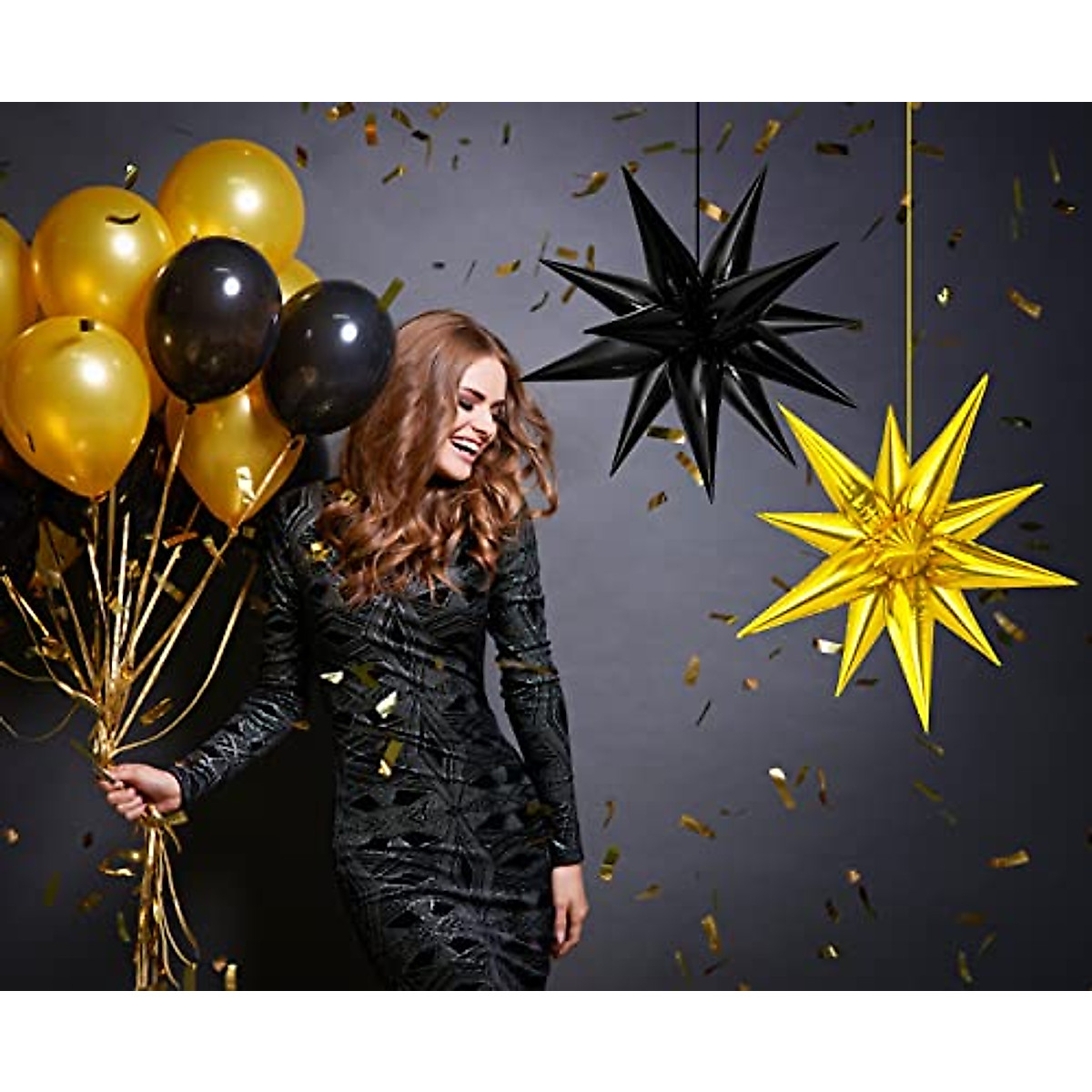50pcs Black Star Balloons Mylar, Black Spike Explosion Star Foil Balloons Metallic, Black Starburst Cone Point Star Balloons for New Year Eve, Halloween, Graduation, Birthaday, Wedding Decorations