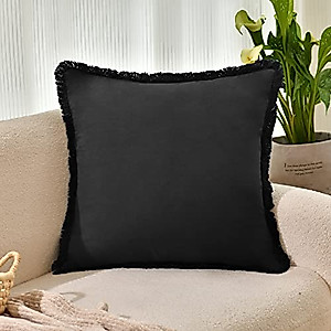 ZWJD Farmhouse Pillow Covers 22x22 Set of 2 Black Throw Pillow Covers with Fringe Chic Cotton Decorative Pillows Square Cushion Covers for Sofa Couch Bed Living Room Boho Decor
