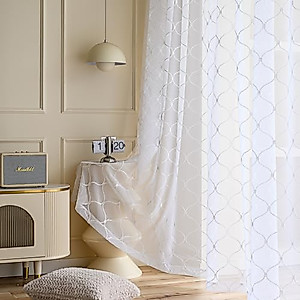 Embroidered Wave Diamond Sheer Curtains White 95 Inches, Window Treatments Rod Pocket Drapes for Living room, Bedroom, Semi Voile Curtain Panels for Yard, Patio, Villa, Parlor, Set of 2, 52"x95".