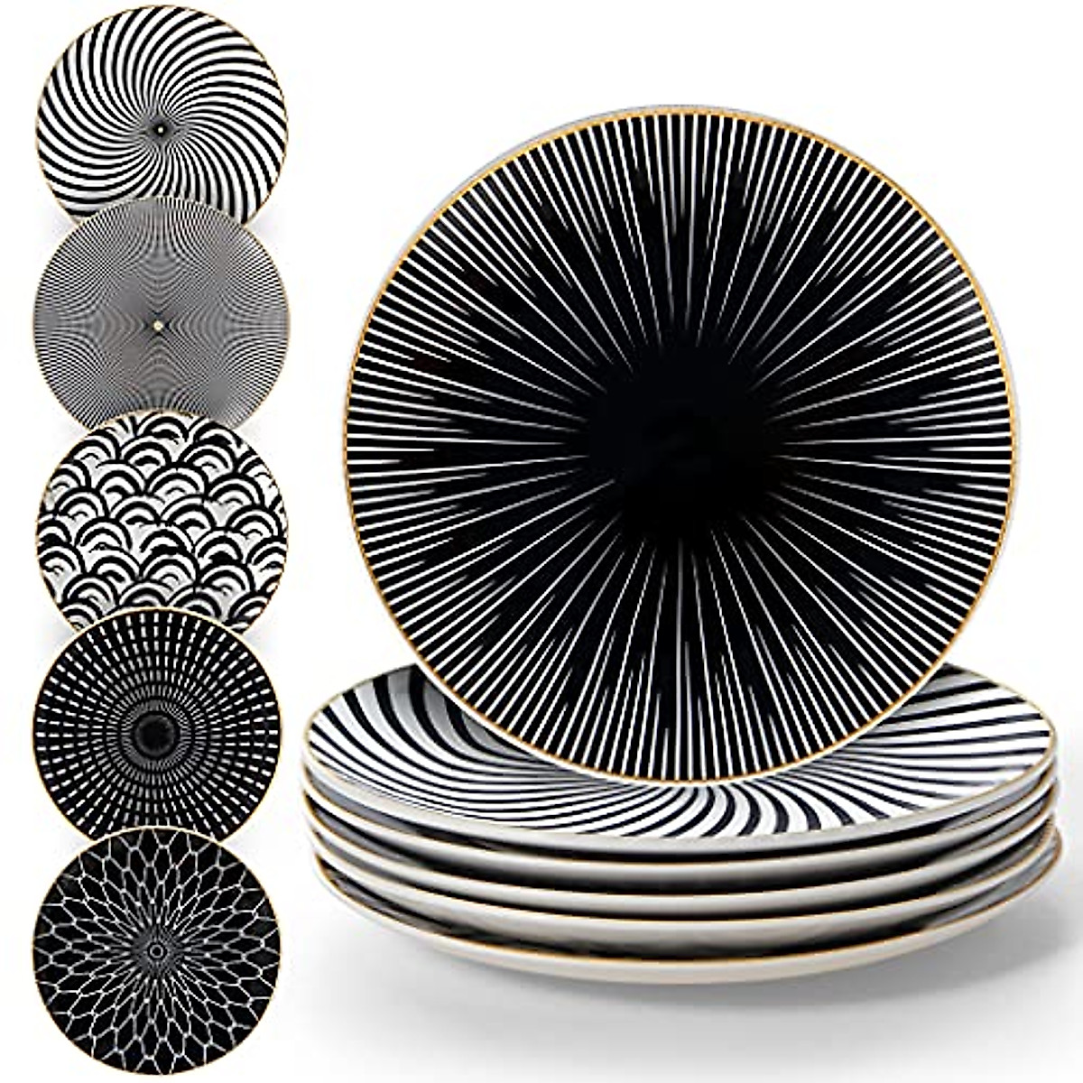 Sanbege 6 Pcs Porcelain Salad Plates, 8" Ceramic Serving Plates, Mix Match Dishes for Sandwich, Pasta, Steak, Dessert (Black and White)