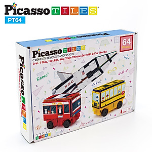 PicassoTiles Magnet Building Blocks STEM Learning Construction Toy Set Early Education Kit 3-in-1 Rocket, School Bus, Train Theme Stick-On Puzzle Pretend Play Magnetic Tiles Kids Building Block Toys