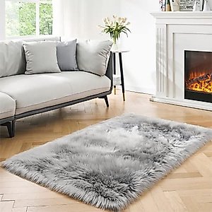 Rainlin Ultra Soft Fluffy Faux Fur Area Rugs for Bedroom Living Room Grey Fuzzy Washable Home Decor Carpets Luxury Plush Shag Rectangular Rugs,3x5 Feet