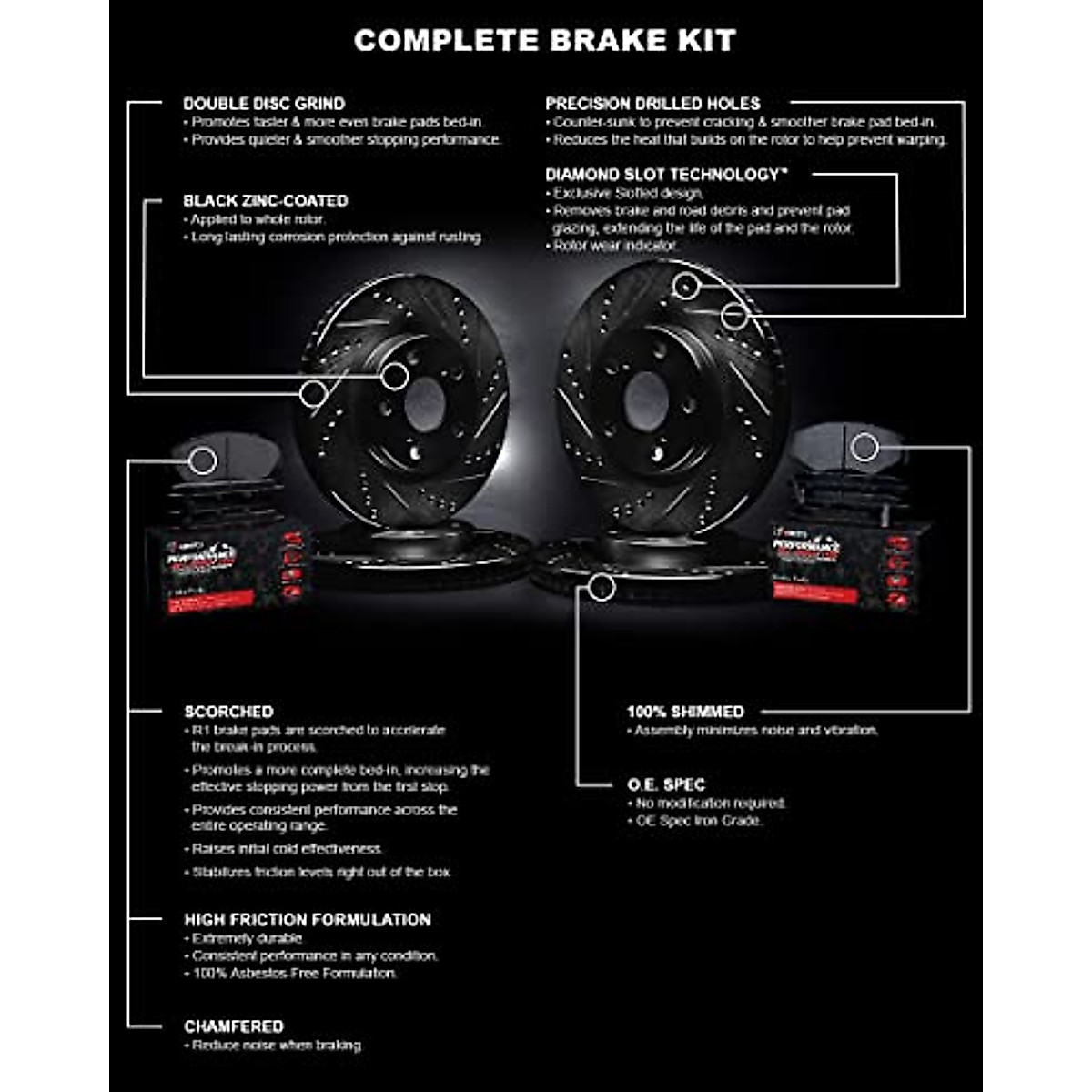 R1 Concepts Front Rear Brakes and Rotors Kit |Front Rear Brake Pads| Brake Rotors and Pads| Performance Off-Road Brake Pads and Rotors|fits 2019-2022 Ram 1500
