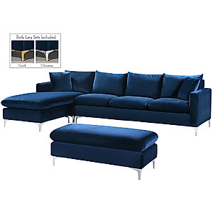 Meridian Furniture Naomi Collection Modern | Contemporary Navy Velvet Upholstered REVERSIBLE Sectional with Rich Gold or Chrome Legs