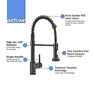 DEZONE Black Kitchen Faucet with Pull Down Sprayer, Deck Mount, Matte Black, Dual Outlet Water, Easy Installation