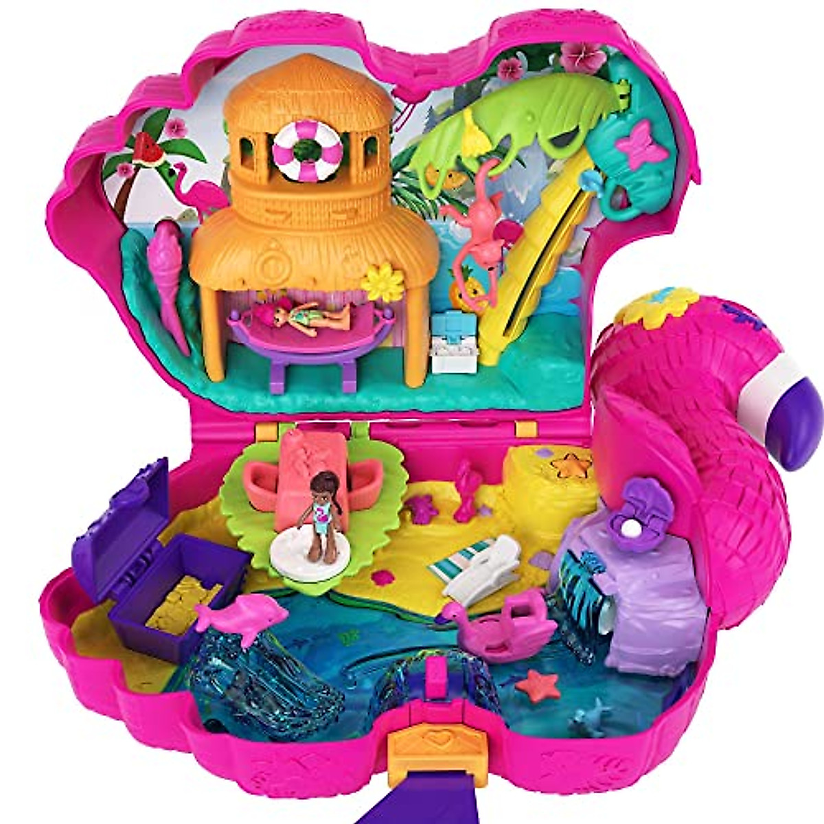 Polly Pocket Travel Toy, Flamingo Party Playset with 2 Micro Dolls and 26 Surprise Accessories, Animal Toy Compact