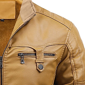 Maiyifu-GJ Men Vintage Stand Collar Leather Jacket Faux Leather Fleece Lined Motorcycle Jacket Lightweight PU Zip Up Outwear (Yellow 2,3X-Large)
