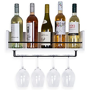 Rustic State William Wall Mount Wooden Wine Bottle and Stemware Rack Glassware Holder Floating Shelf - Home, Kitchen, Dining Room, Bar Décor Storage Organizer - White