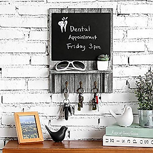 MyGift Wall Mounted Rustic Gray Wood Entryway Key Holder Organizer Rack with Chalkboard, Storage Display Shelf and 3 Hooks