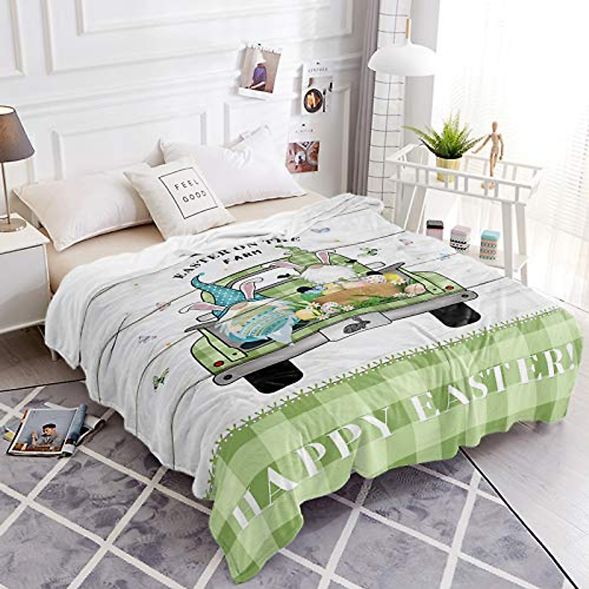 SUN-Shine Easter Blanket Luxury Fleece Throw Blankets, Green Plaid Truck with Dwarf and Egg Fuzzy Flannel Throws Super Soft Cozy Warm Blanket for Home Couch Sofa Bed Chair Wood Texture