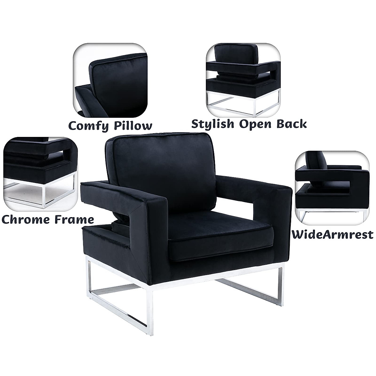 CIMOO Velvet Accent Chair Set of 2 with Back for Living Room, Modern Armchair for Bedroom Tufted Single Sofa Chair Upholstered Comfy Reading Chair Extra Wide Arm Chair with Sliver Legs, Black