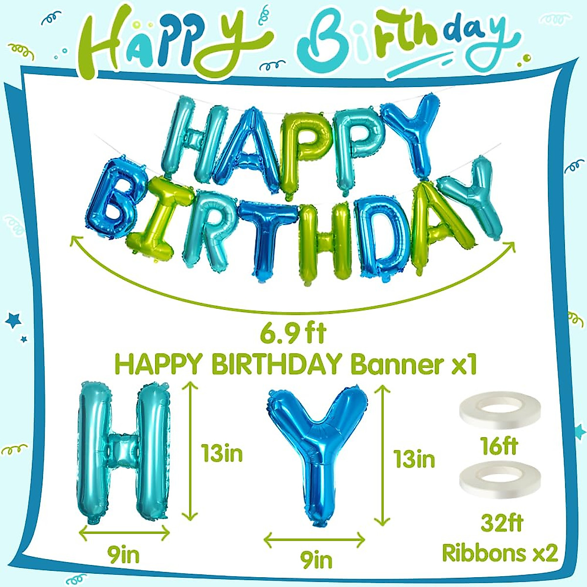 Party Era Blue and Green Happy Birthday Balloon Banner, 16 Inch 3D Aluminum Foil Birthday Sign, Teal Happy Birthday Letters for Girls Boys Women Men Birthday Bunting