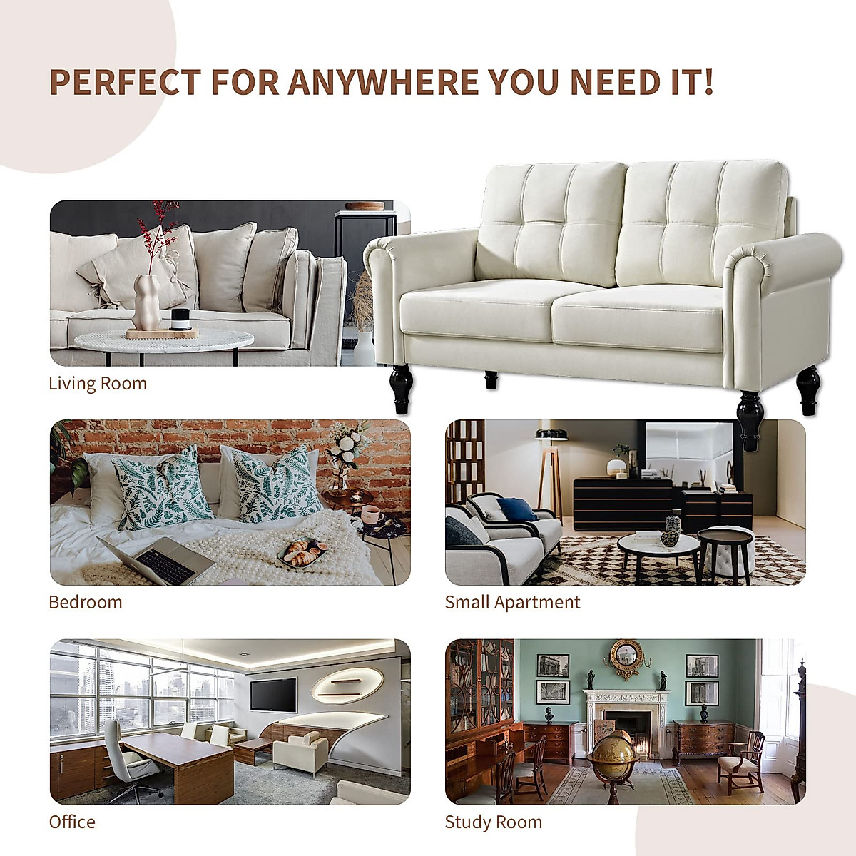 Husbedom 60.6 Inches Loveseat Sofa, Velvet Small Couches for Small Spaces, Comfy Couch for Living Room, Bedroom, Apartment, Studio, Cream Beige Couch