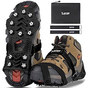 Sfee Crampons for Winter Boots, Upgraded Ice Cleats Stainless Steel Women Men Anti Slip Ice Traction Cleats Grips with Straps, Perfect for Hiking, Walking, Climbing, Ice Fishing(M)