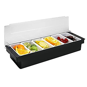 POWLAB Ice Cooled Condiment Serving Container Fruit Veggie Condiment Caddy Plastic Garnish Station with Lid for Fruit ,Ice Cream,Salad Bar-Topping Organizer for Restaurant Supplies (6 Compartments)