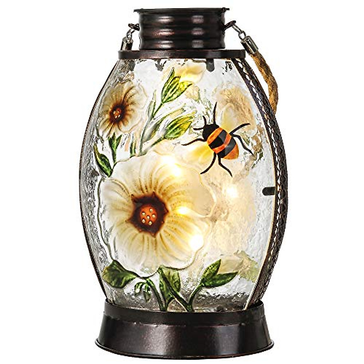 TERESA'S COLLECTIONS Glass Decorative Hanging Solar Lanterns Lights, Waterproof Metal Outdoor Solar Lanterns with Bee Flowers for Tabletop Patio Lawn Yard Garden Decorations,10 inch Tall
