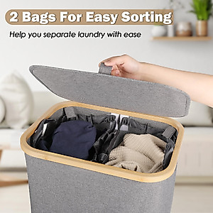 Guzon 100L Laundry Hamper with Lid, Clothes Hampers for Laundry with Bamboo Handles，Large Laundry Basket with Removable Inner Bags for Bedroom, Bathroom and Laundry Room, Dirty Clothes Basket, Grey