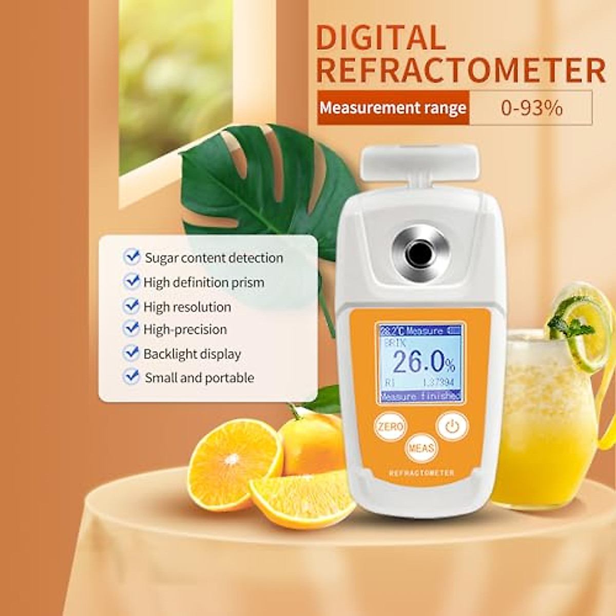 0-93% Brix Meter,Suger Tester,High Range Digital Brix Refractometer with ATC for Honey,Maple Syrup,Fruit,Beverages,Juice,Molasses,Sugary Drink,Suger Content Measurement