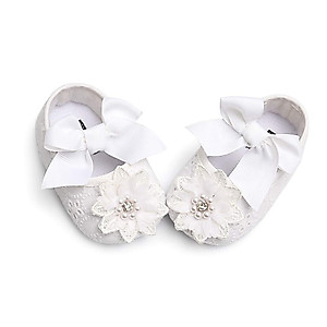 Baby Girl White Shoes Mary Jane Flats Soft Sole Bowknot Floral Princess Christening Baptism Wedding Dress Shoes for Newborns, Infants, Babies 0-6 Months