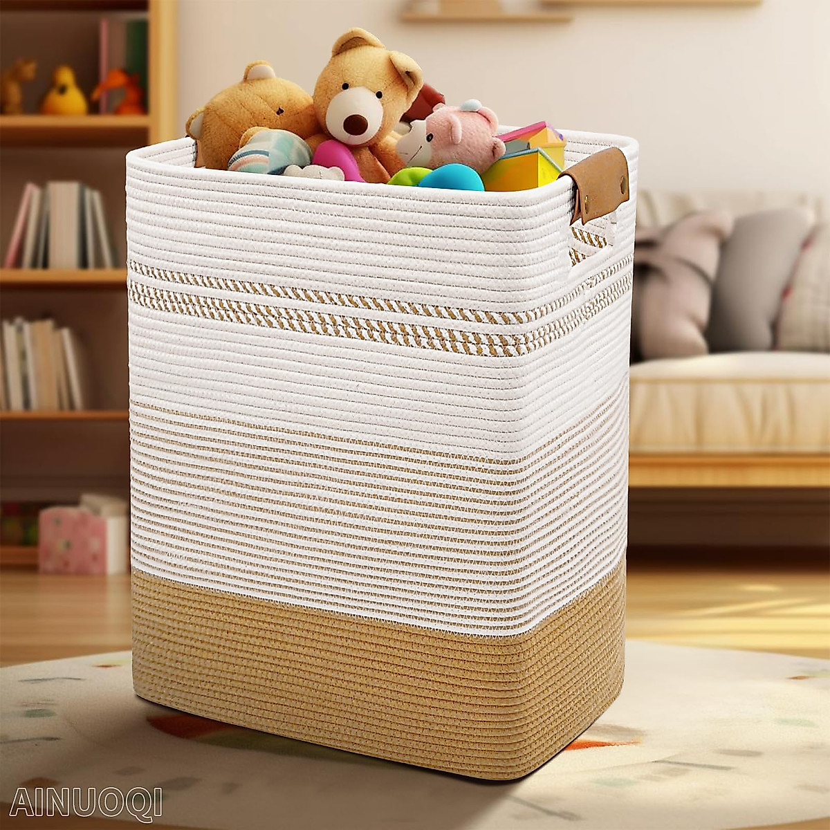 AINUOQI Laundry Hamper - 85L Large Laundry Basket with Leather Handles, Decorative Storage Basket for Blankets - Cotton Rope Woven Baskets for Storage, Clothes Hamper for Living Room, Jute & White