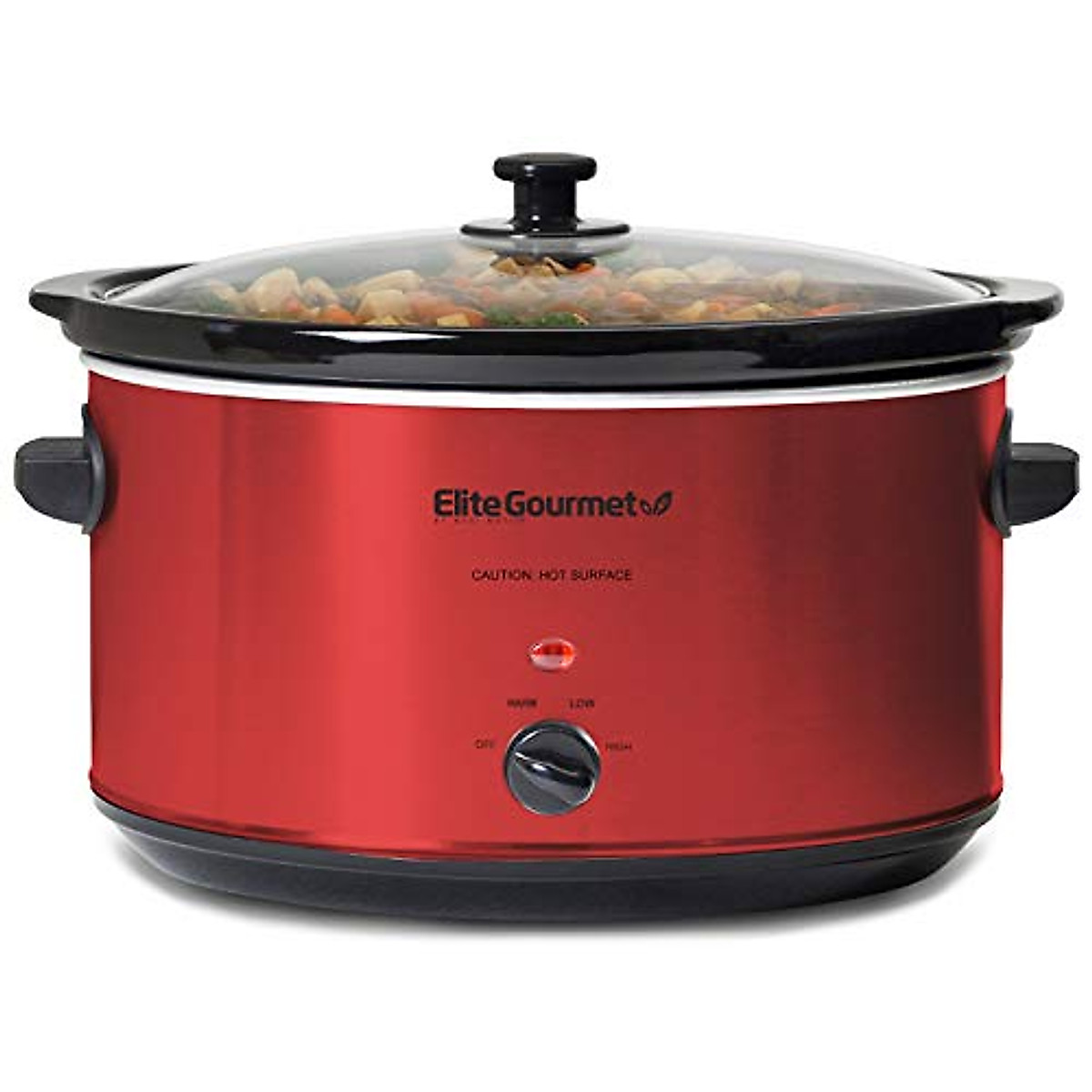 Elite Gourmet MST-900RXT# Electric Ceramic XL Jumbo Slow Cooker, Adjustable Temp, Entrees, Sauces, Stews & Dips, Dishwasher Safe Glass Lid & Crock, 8.5Qt, MetallicRed